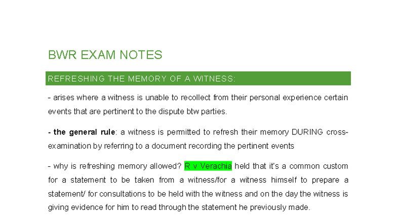 BWR EXAM NOTES: Refreshing Memory of Witnesses in Legal Context - Studocu