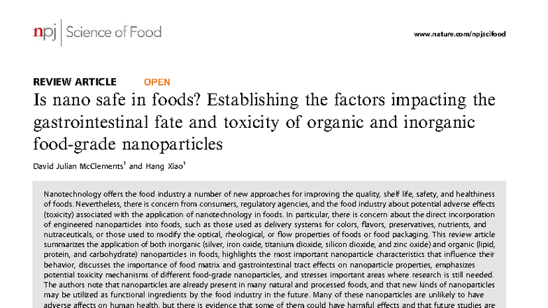 REVIEW ARTICLE: Safety of Nanoparticles in Foods (NPJ Science of Food ...