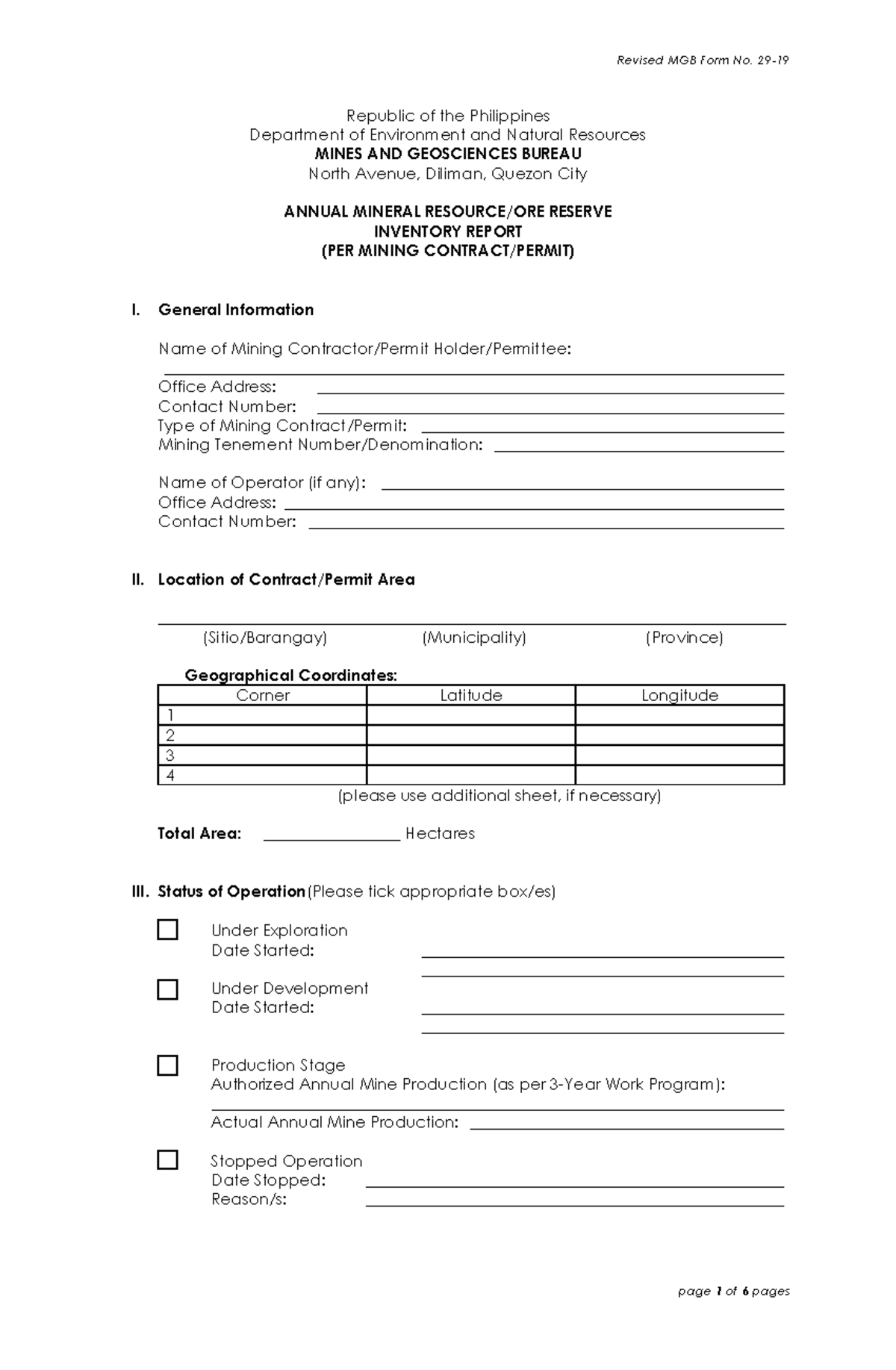19-MGB Form 29-19 - MGB Form - Republic of the Philippines Department of Environment and Natural ...