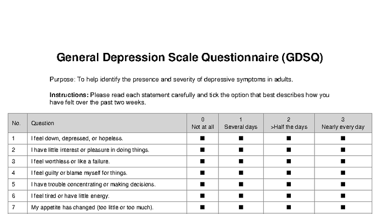 GDSQ: General Depression Scale Questionnaire & Scoring Guide - Studocu