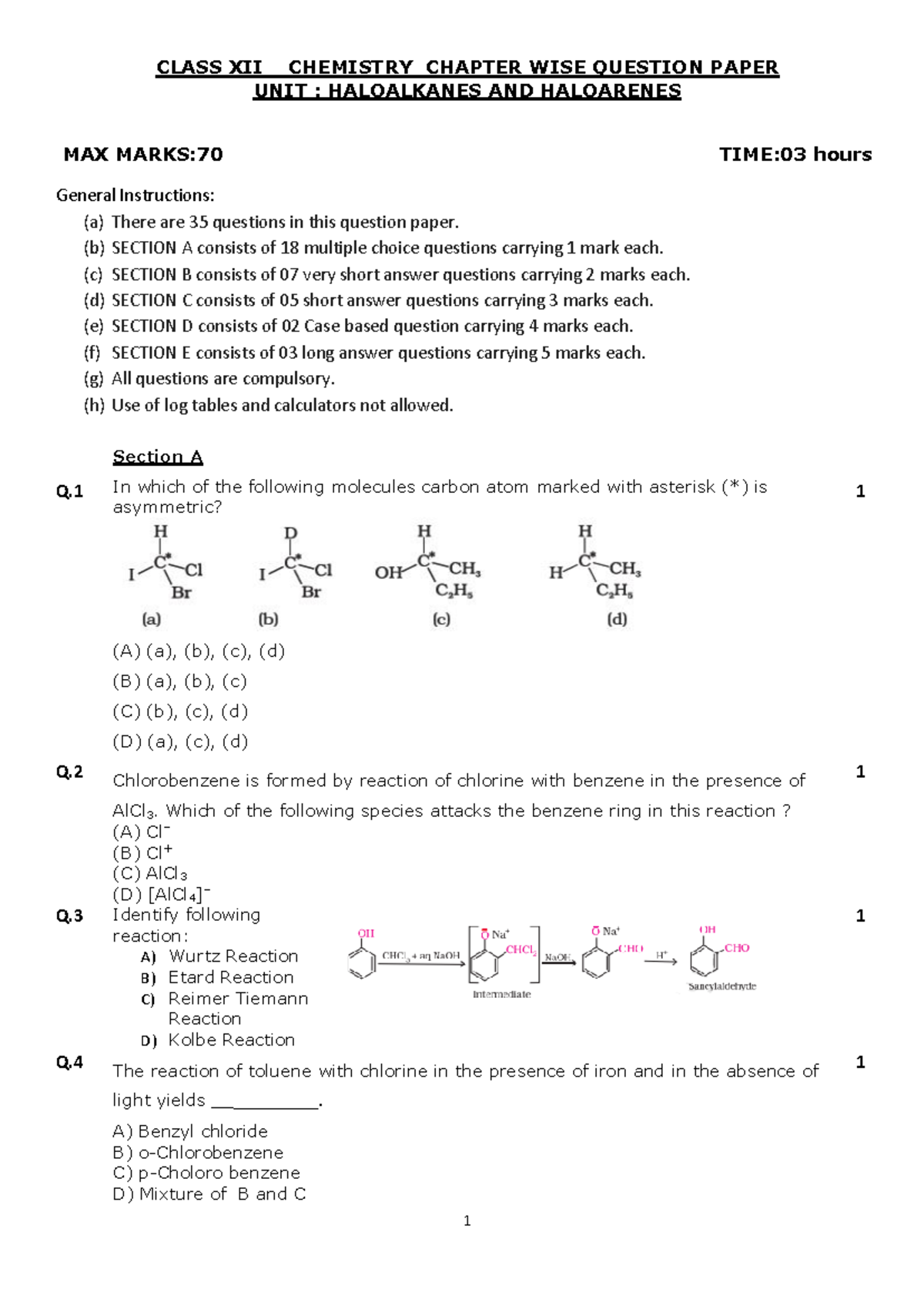 Haloalkanes - Class 12 Important Questions for Exam Preparation - Studocu