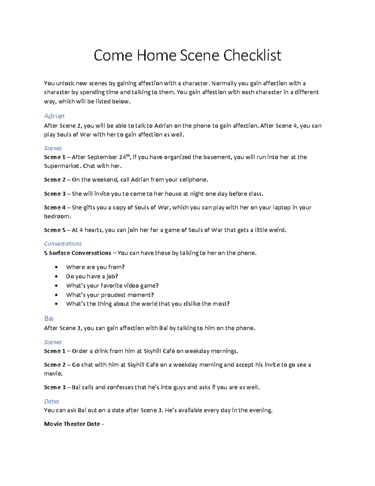 Come Home Scene Affection Guide for Players - Studocu