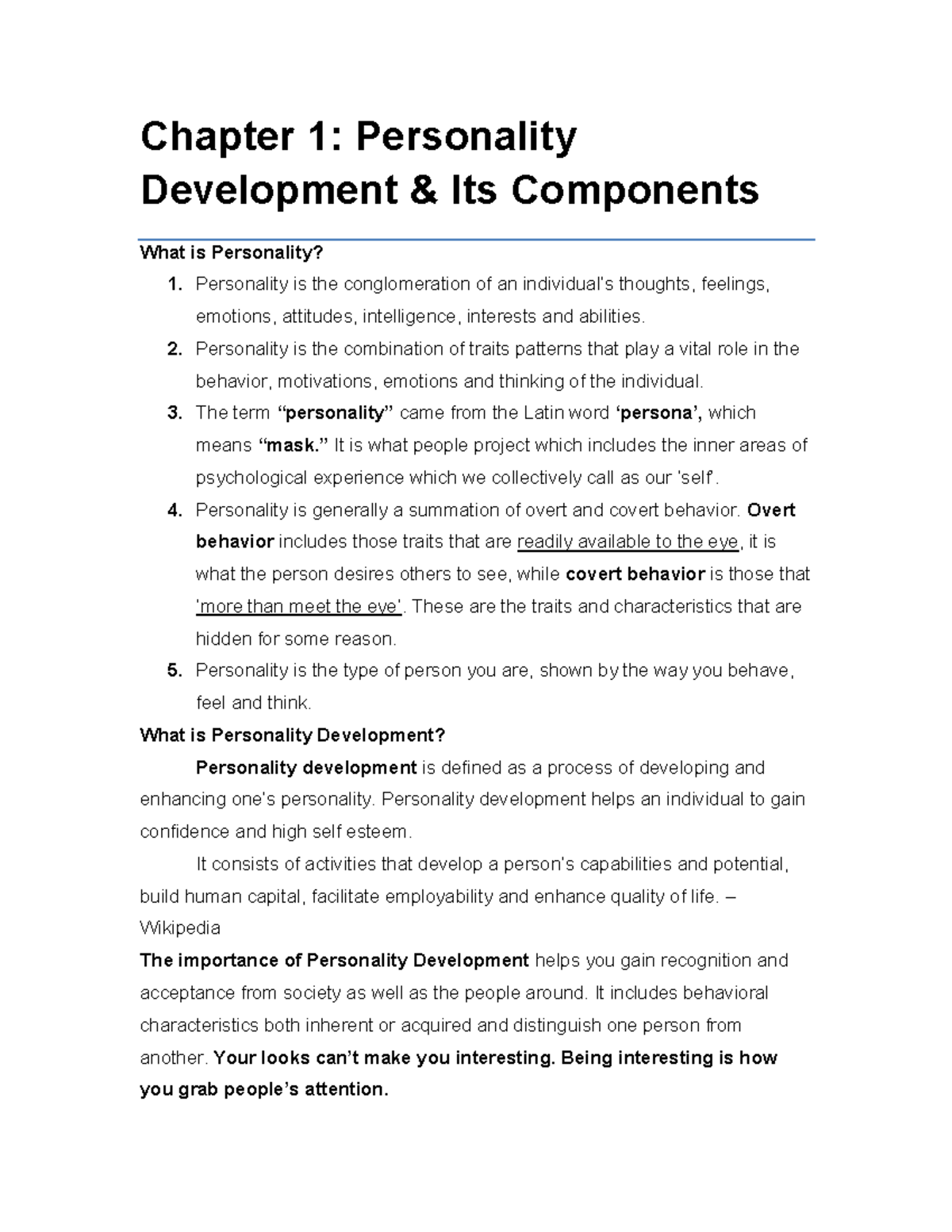 Chapter 1: Personality Development and Its Key Components - Studocu
