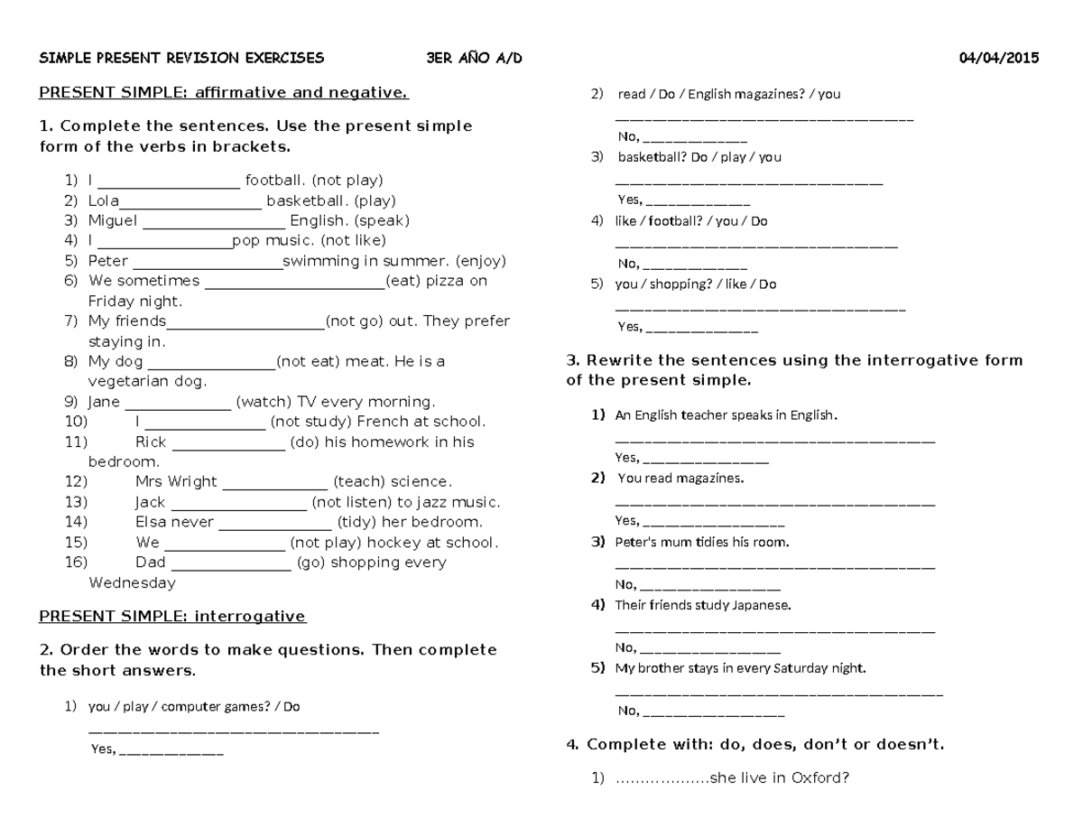 263767973 Present Simple Revision Exercises: Affirmative & Negative ...