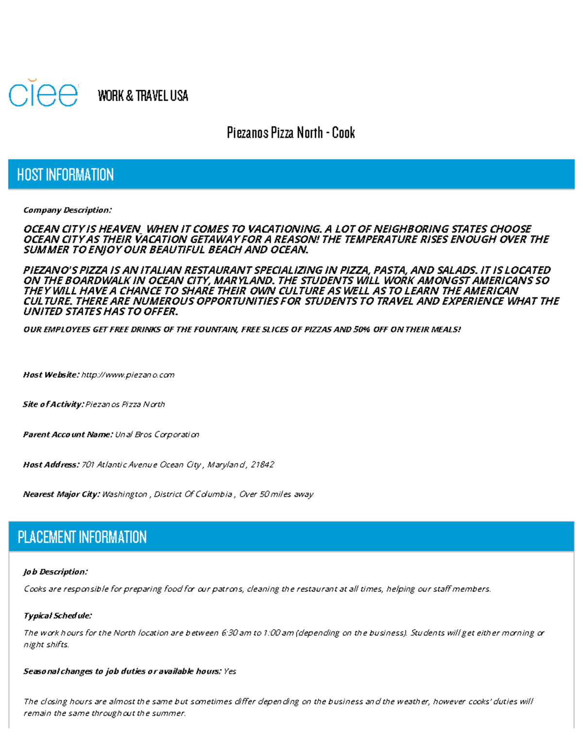 Piezanos Pizza North - Cook - 2025 Summer - HOST INFORMATION PLACEMENT ...