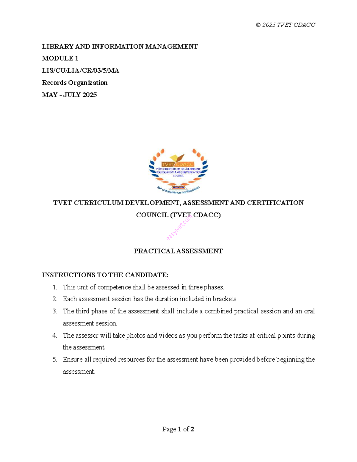 TVET CDACC Module 1: Records Organization Practical Assessment Guide ...