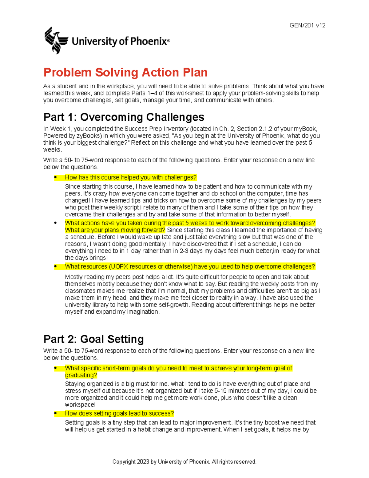 GEN 201 Problem Solving Action Plan for Week 5 - Studocu