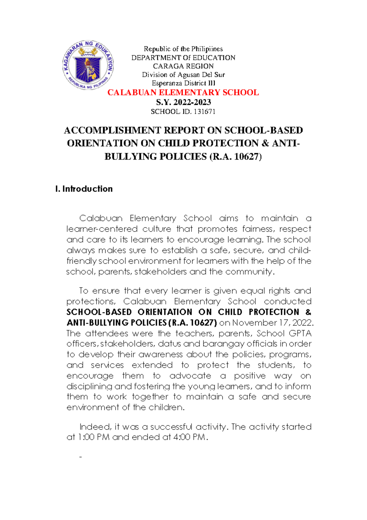 GAD Accomplishment Report 2022: Child Protection Orientation Insights ...