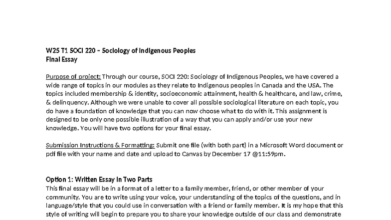 W25 T1 SOCI 220 Final Essay: Understanding Indigenous Peoples' Impact ...