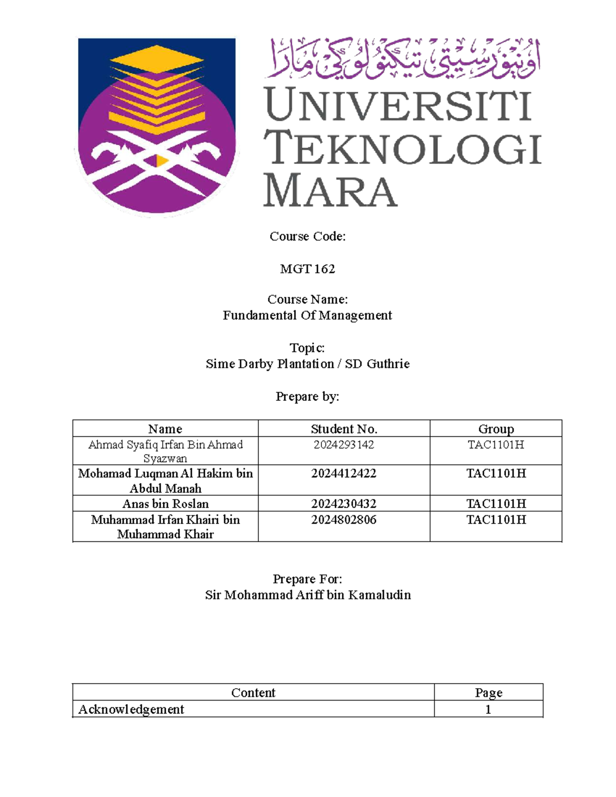 MGT 162 - Fundamental of Management: Case Study on Sime Dar Plantation ...