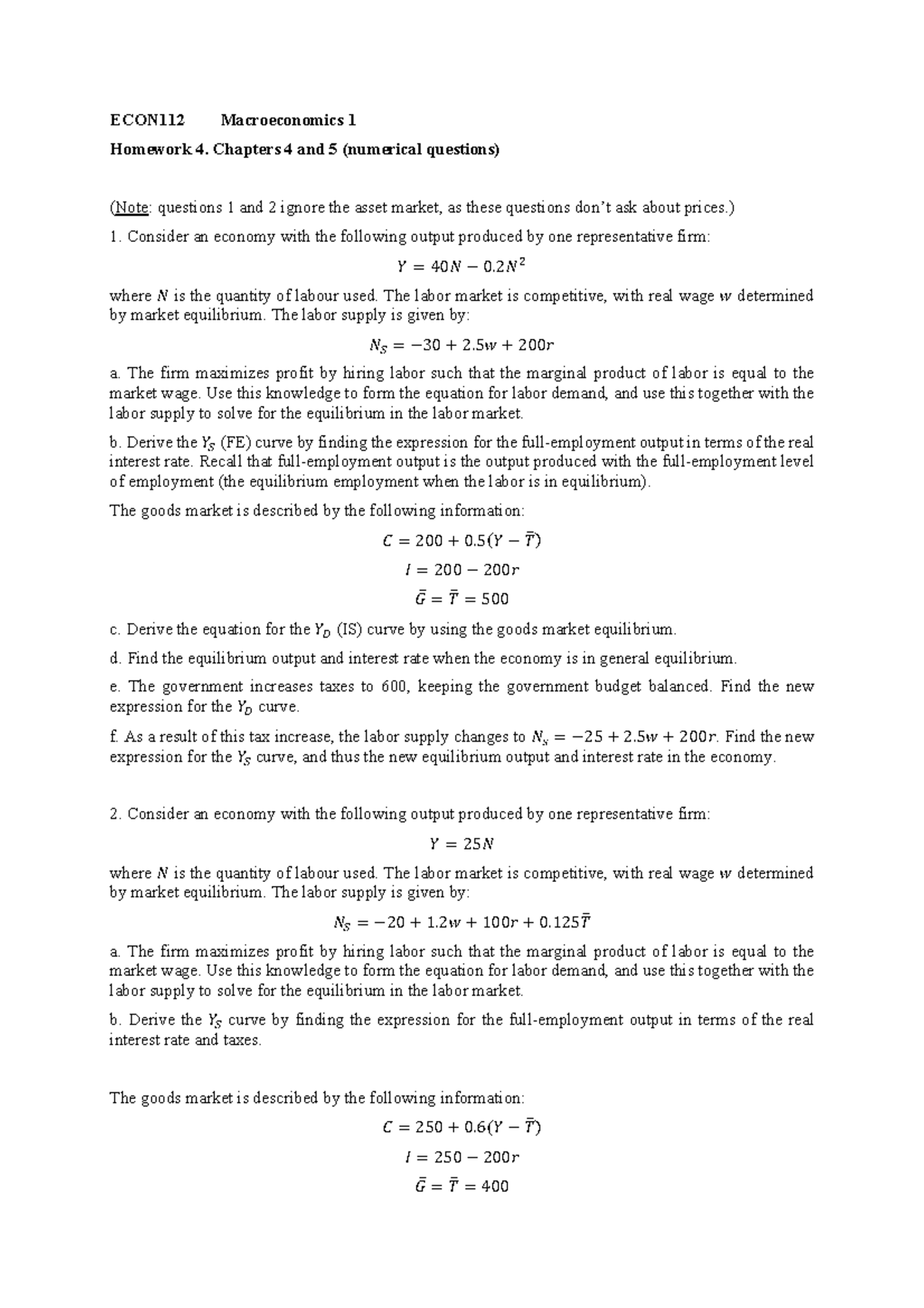 ECON112 Macroeconomics 1 Homework 4: Labor Market Equilibrium Analysis ...