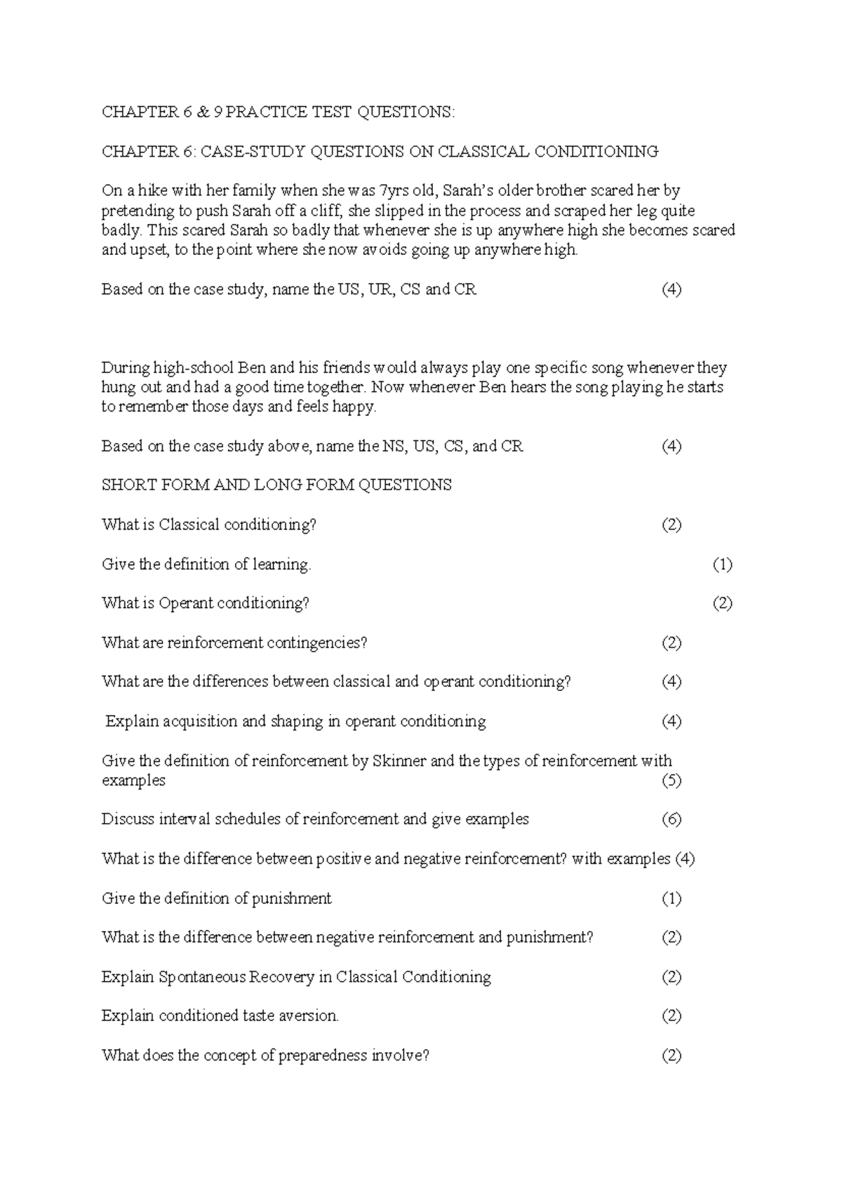 CHAPTER 6 & 9 PRACTICE TEST QUESTIONS ON CLASSICAL CONDITIONING AND ...