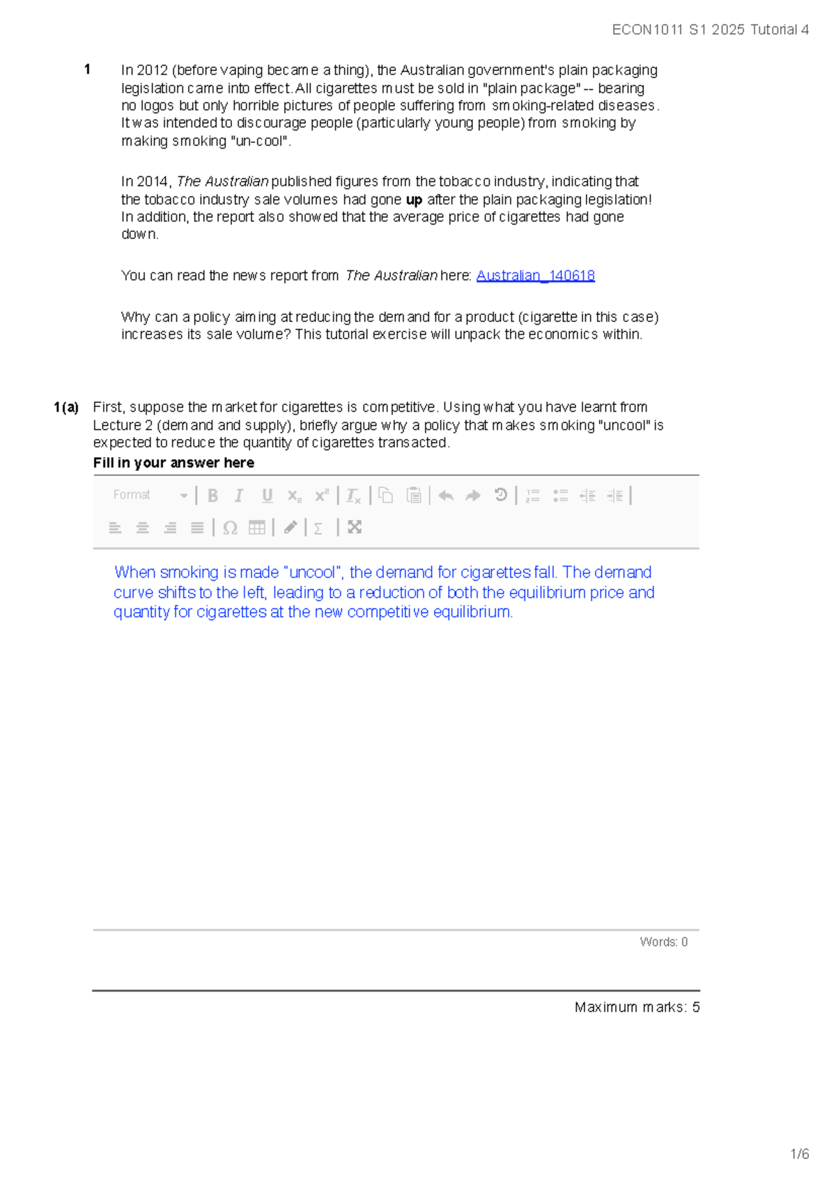 ECON1011 S1 2025 Tutorial 4: Analysis of Plain Packaging Impact on ...