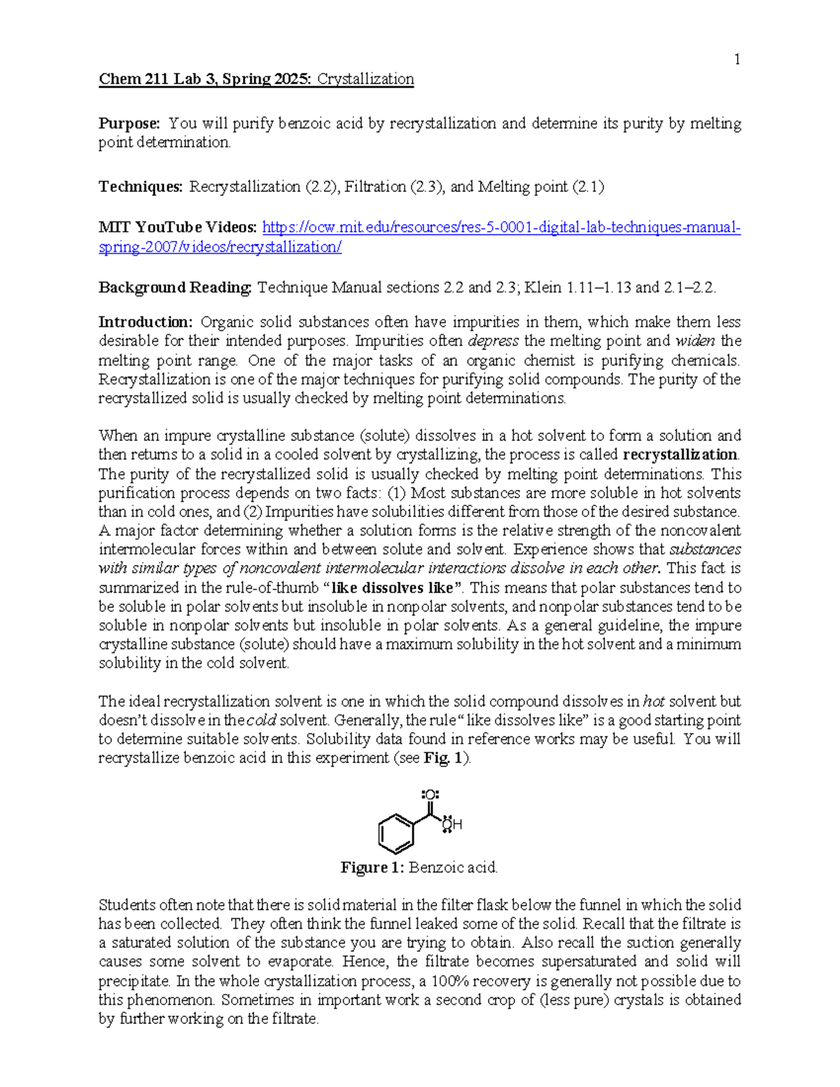 Chem 211 Lab 3 - Recrystallization of Benzoic Acid and Purity Analysis ...