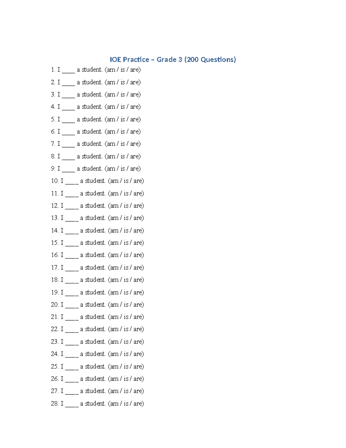 IOE Practice Grade 3 & 4 (200 Questions) - English Verb Forms - Studocu