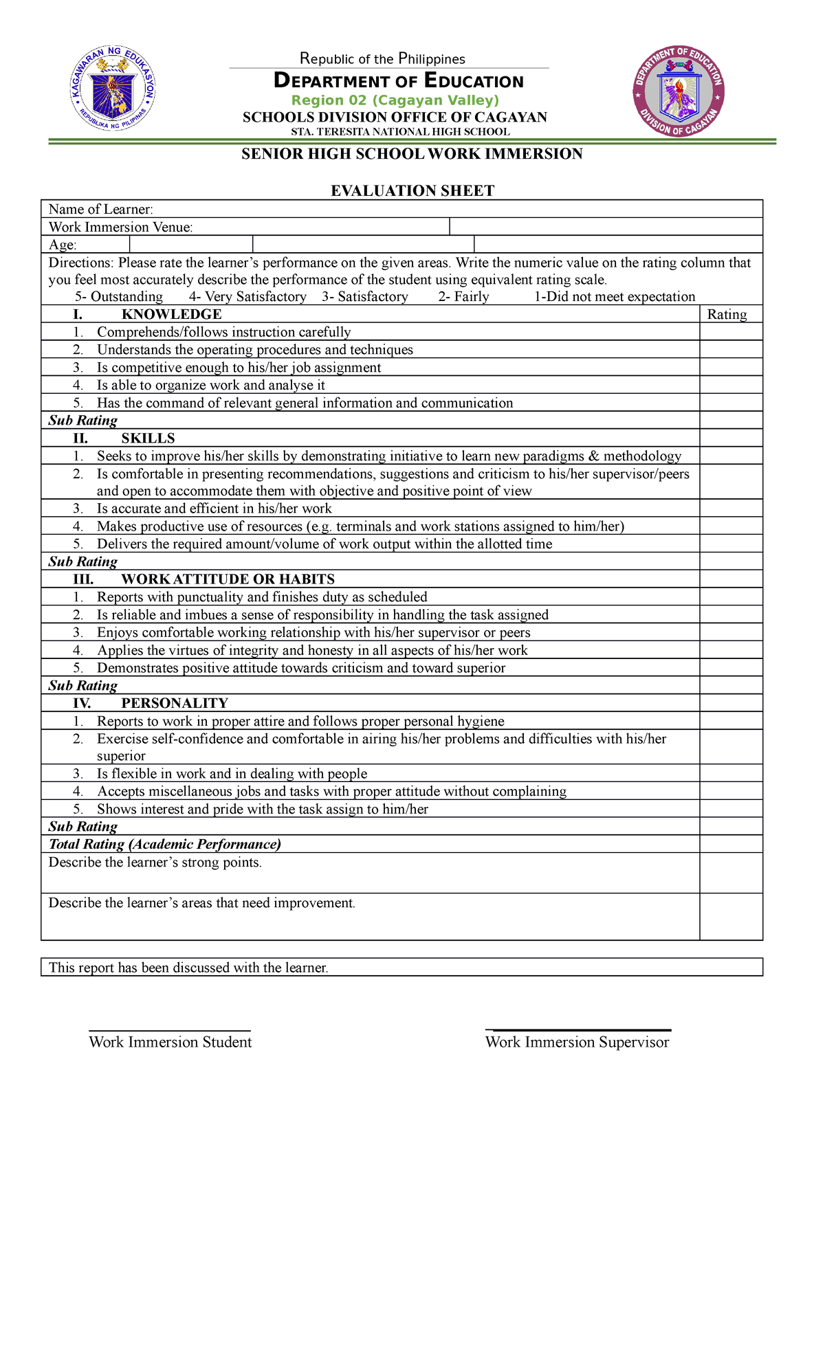 Evaluation Form for Work Immersion (WI) Performance Assessment - Studocu
