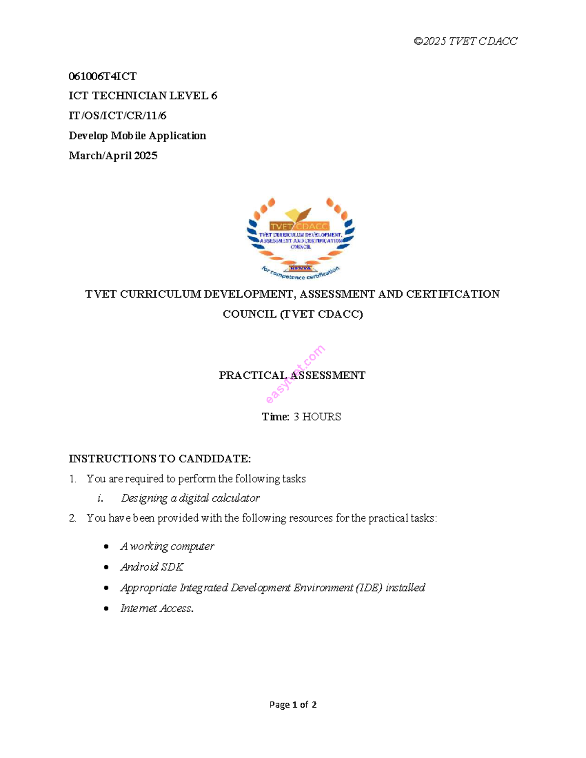 TVET CDACC 061006T4ICT Level 6 Mobile App Development Practical - Studocu