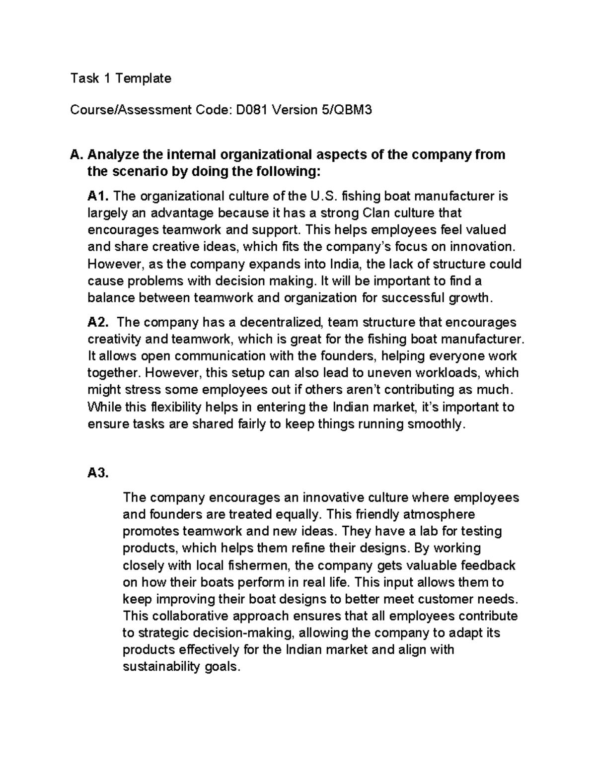 D081 V5-QBM3 Task 1 - task 1 - Task 1 Template Course/Assessment Code ...