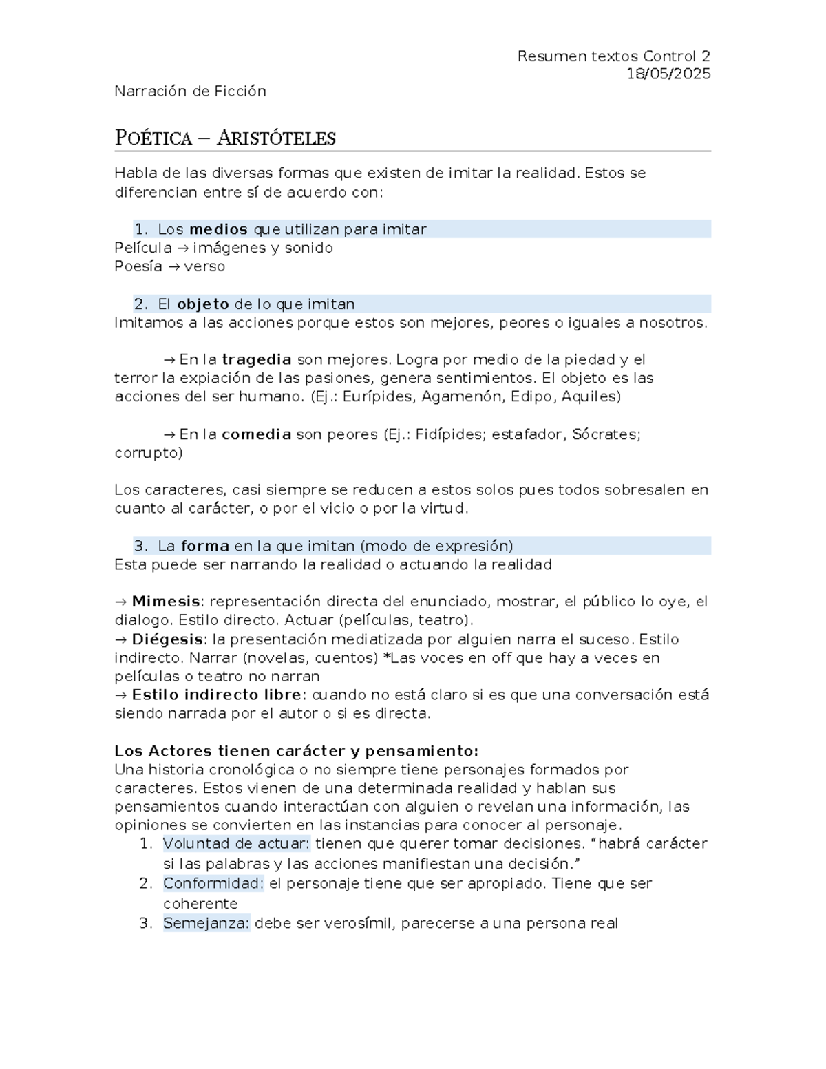 Resumen de Narración de Ficción y Poética de Aristóteles - Control 2 ...