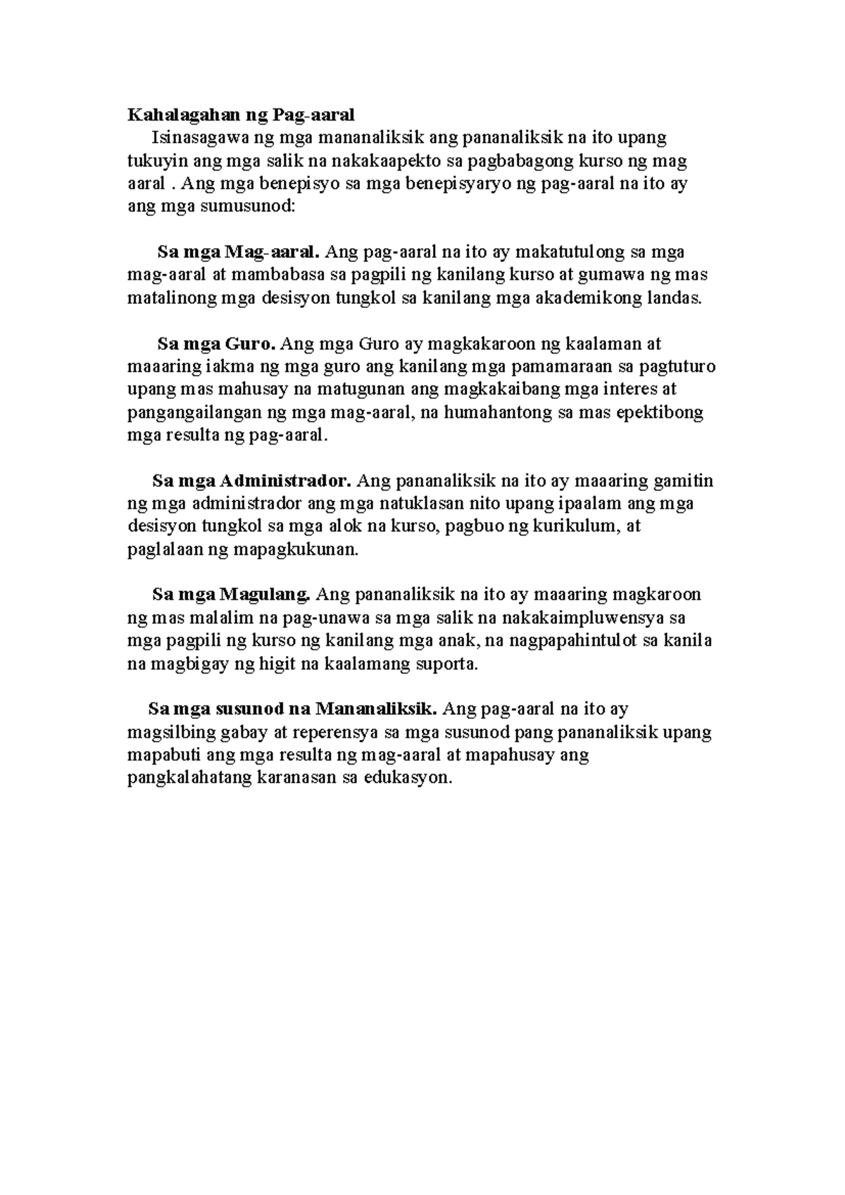 Kahalagahan ng Pag-aaral sa mga Salik ng Kurso ng Mag-aaral - Studocu