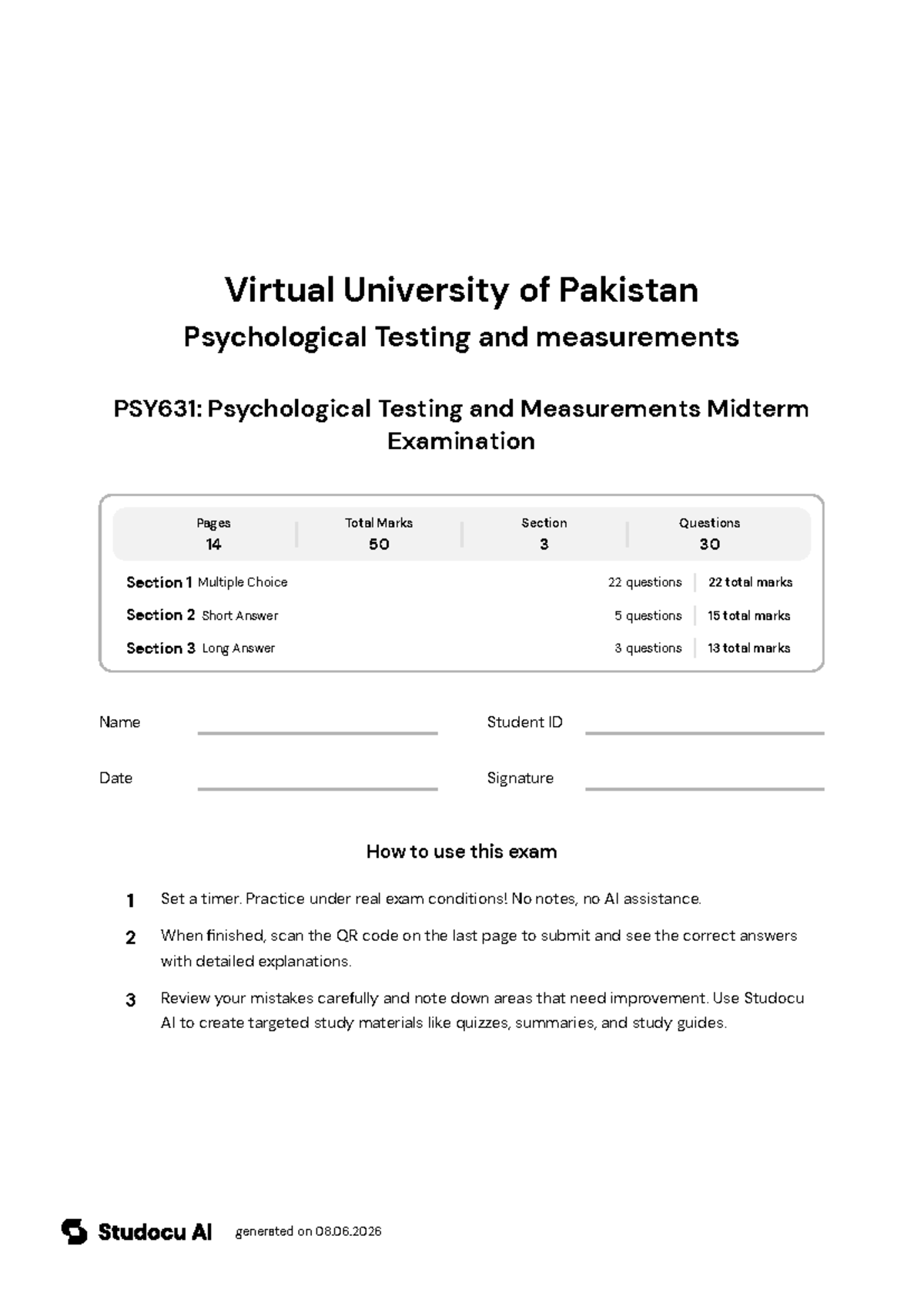PSY631: Psychological Testing Midterm Exam - Studocu
