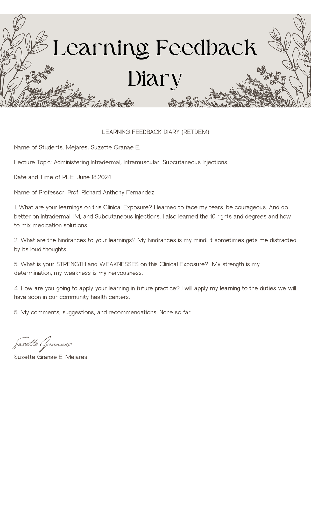 Learning Feedback Diary 1 - LEARNING FEEDBACK DIARY (RETDEM) Name of ...