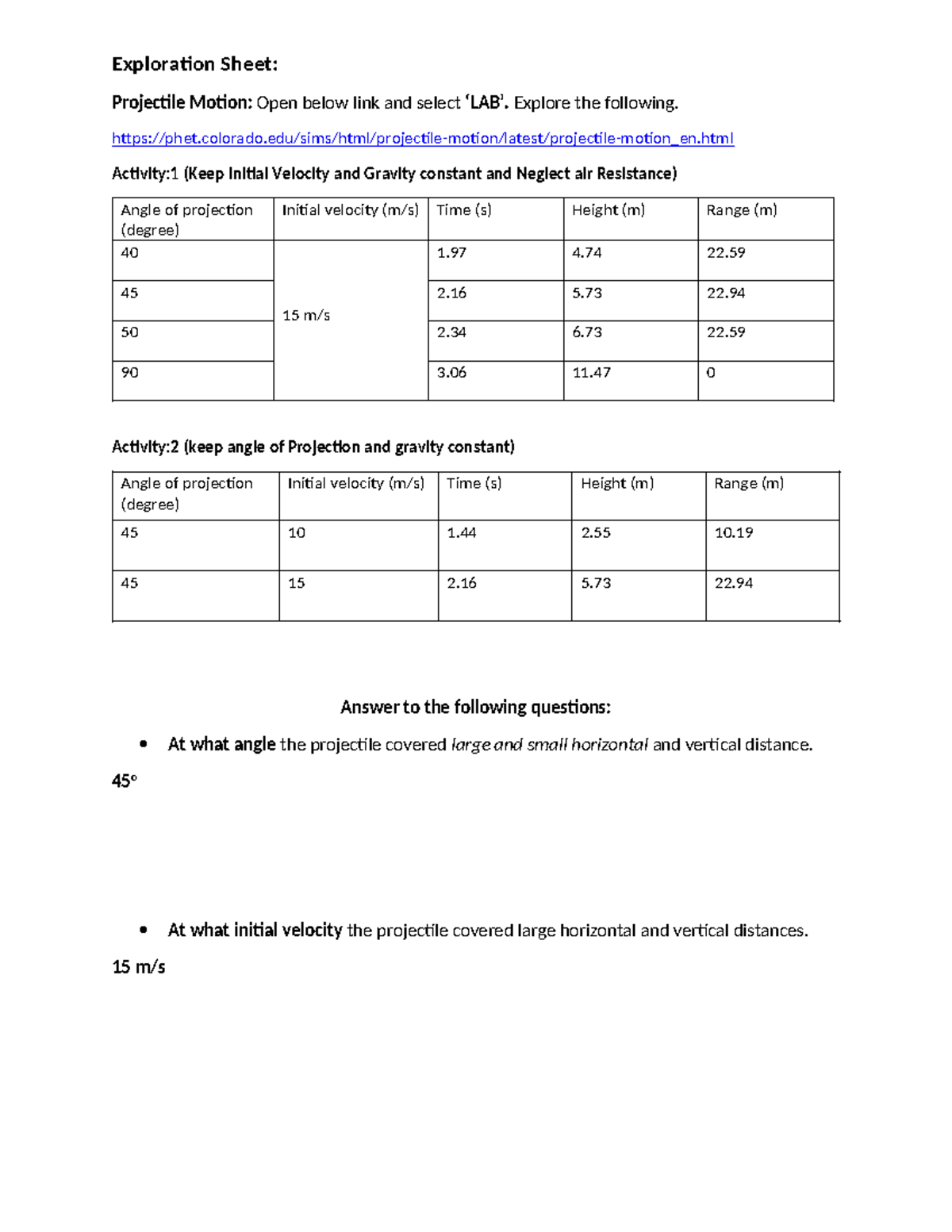 Exploration Sheet: Projectile Motion Analysis and Data - Studocu