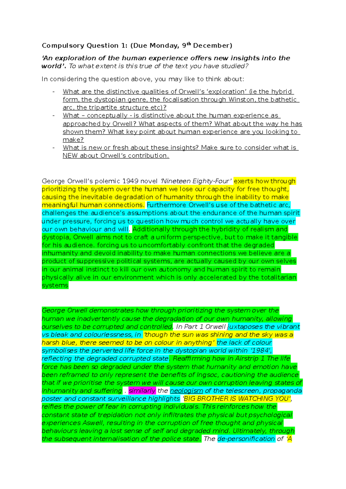 English essay homework 1984 - Compulsory Question 1: (Due Monday, 9th ...