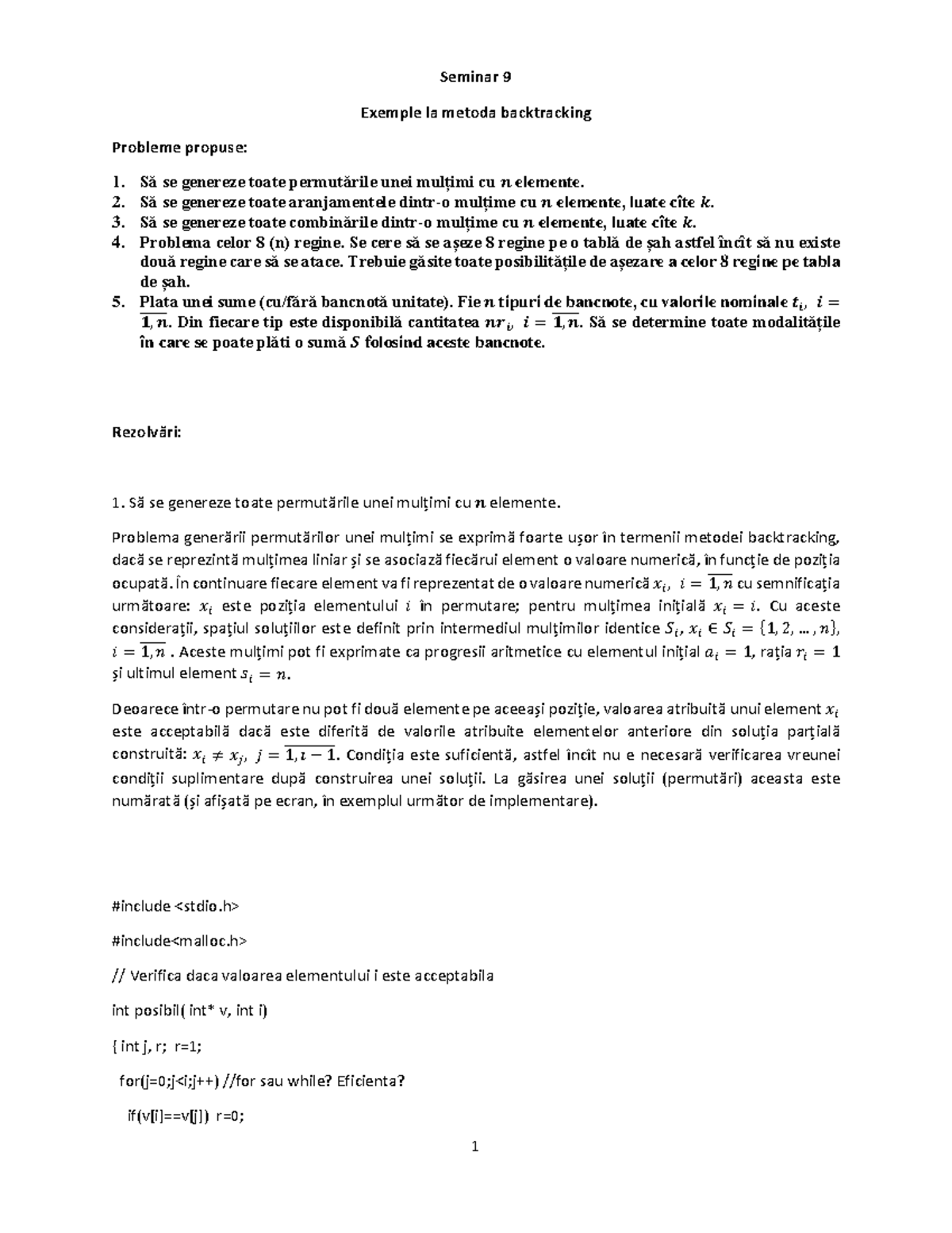 S9. Aplicatii ale metodei Backtracking - Seminar 9 Exemple la metoda backtracking Probleme ...