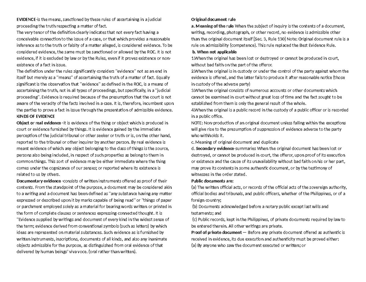 EVIDENCE 101: Comprehensive Notes on Kinds & Rules of Evidence - Studocu