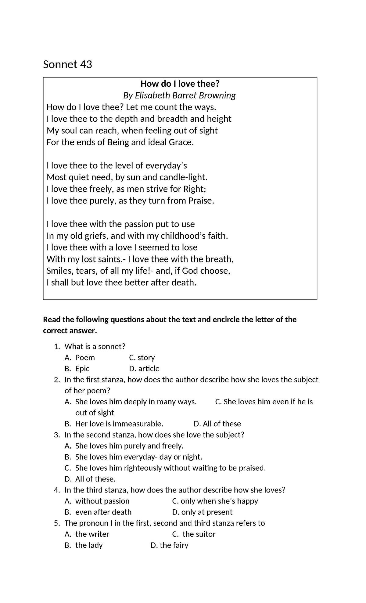 ENG 101: Sonnet 43 Analysis & Comprehension Questions - Studocu