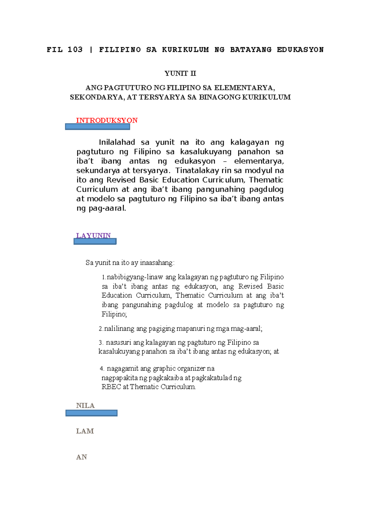 FIL 103 Yunit II: Pagtuturo ng Filipino sa Batayang Edukasyon - Studocu
