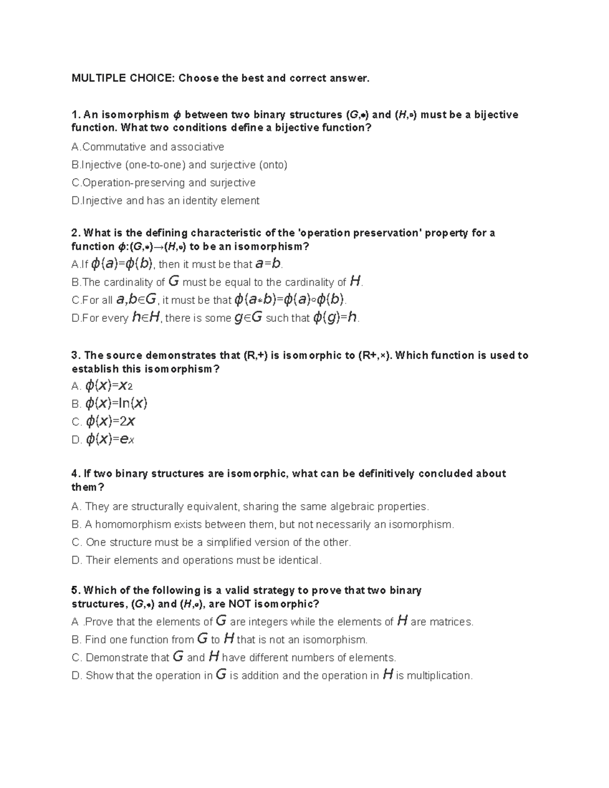 MULTIPLE CHOICE: Isomorphic Binary Structures Test (MC-8) - Studocu