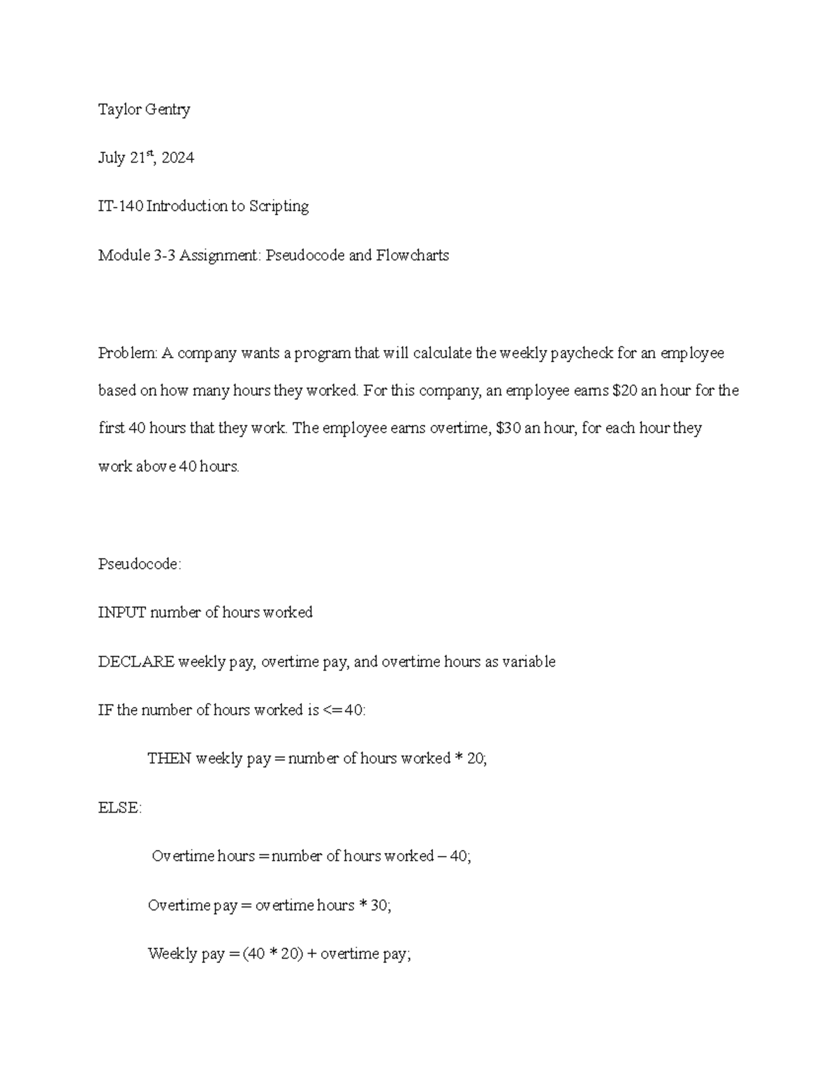 IT-140 Module 3-3 Assignment: Pseudocode & Flowcharts for Paycheck ...
