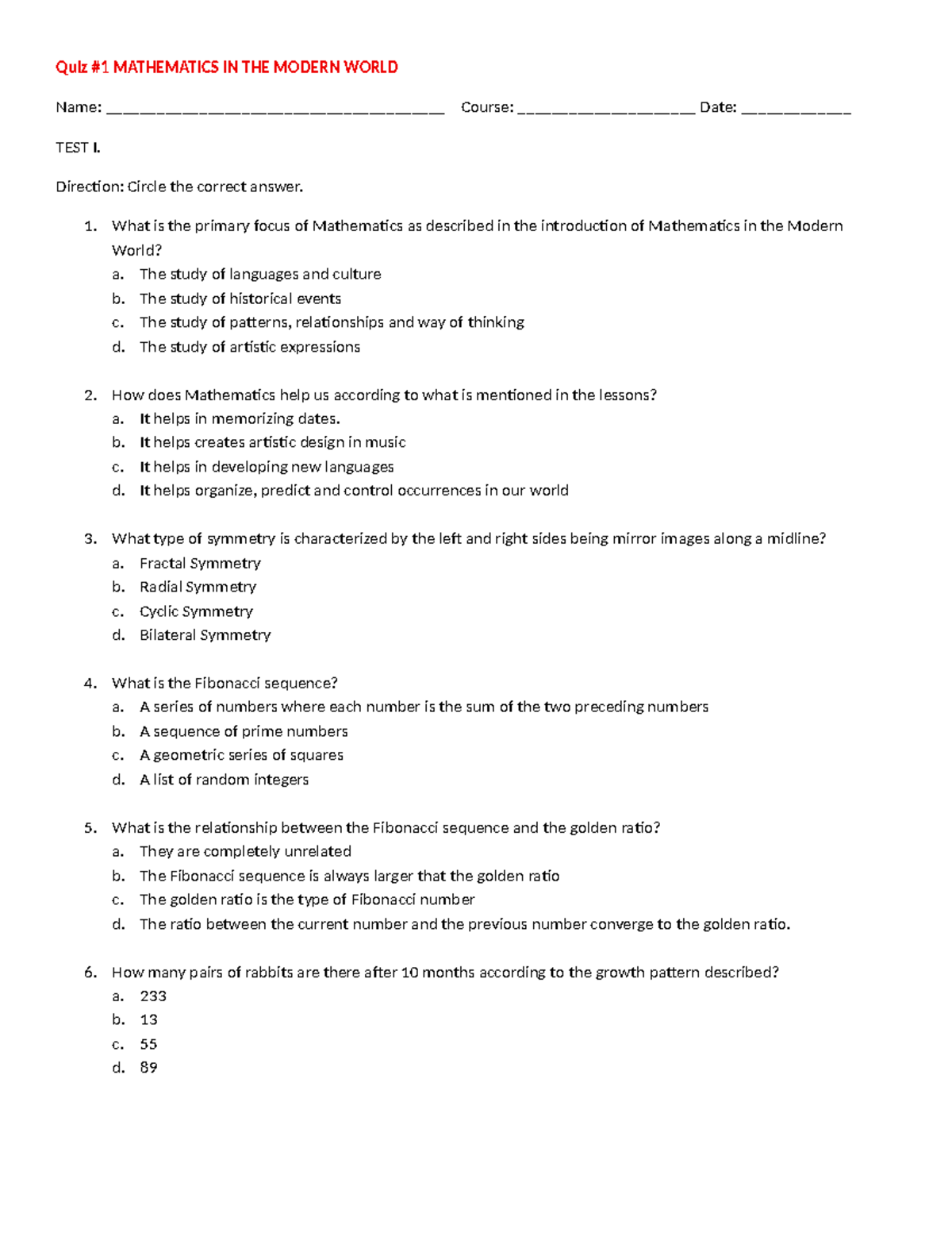 Quiz 1 MATHEMATICS IN THE MODERN WORLD: Test Questions - Studocu
