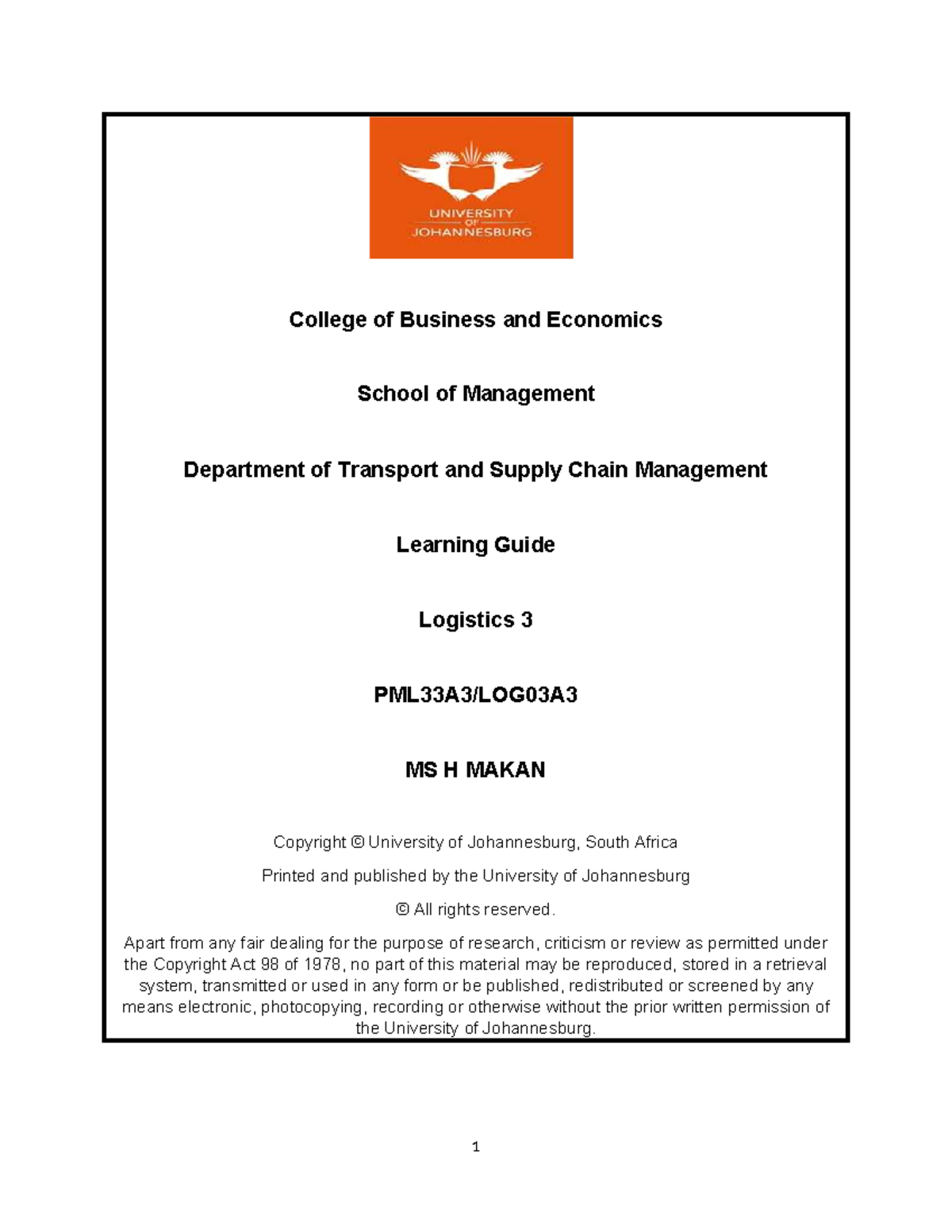 Learning Guide for Logistics 3A - University of Johannesburg - Studocu