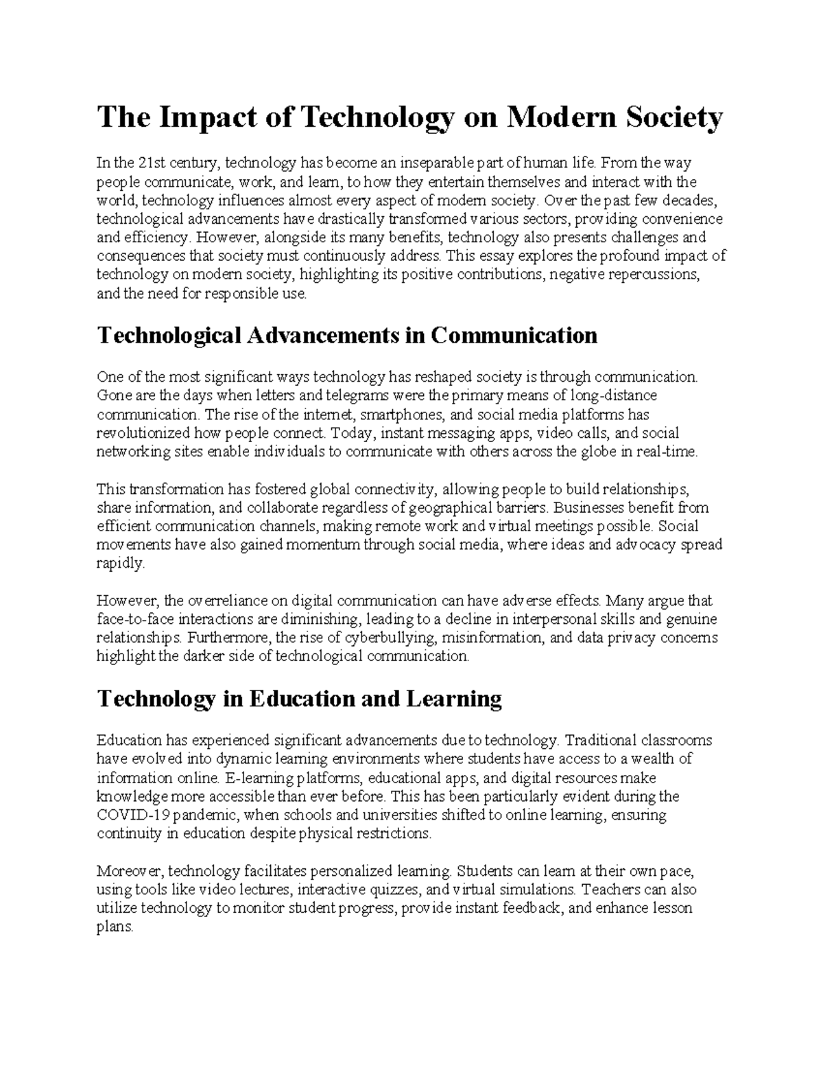 Docdoc 1 - good - The Impact of Technology on Modern Society In the ...