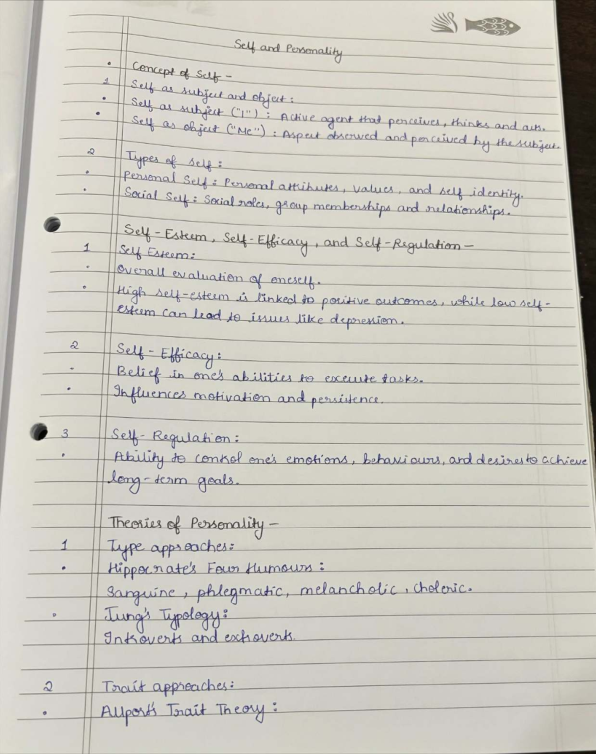 Self and personality notes - Self and Personality o concept of Self 1 ...