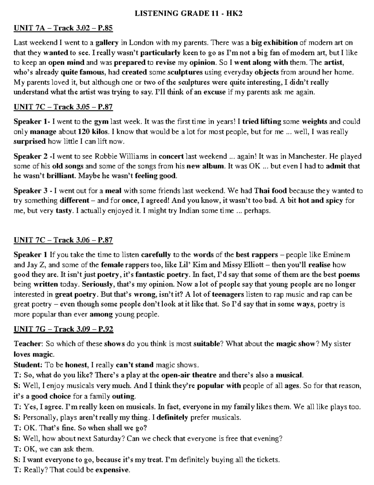 Listening Final Test: Grade 11 HK2 Unit 7A-C & G Insights - Studocu