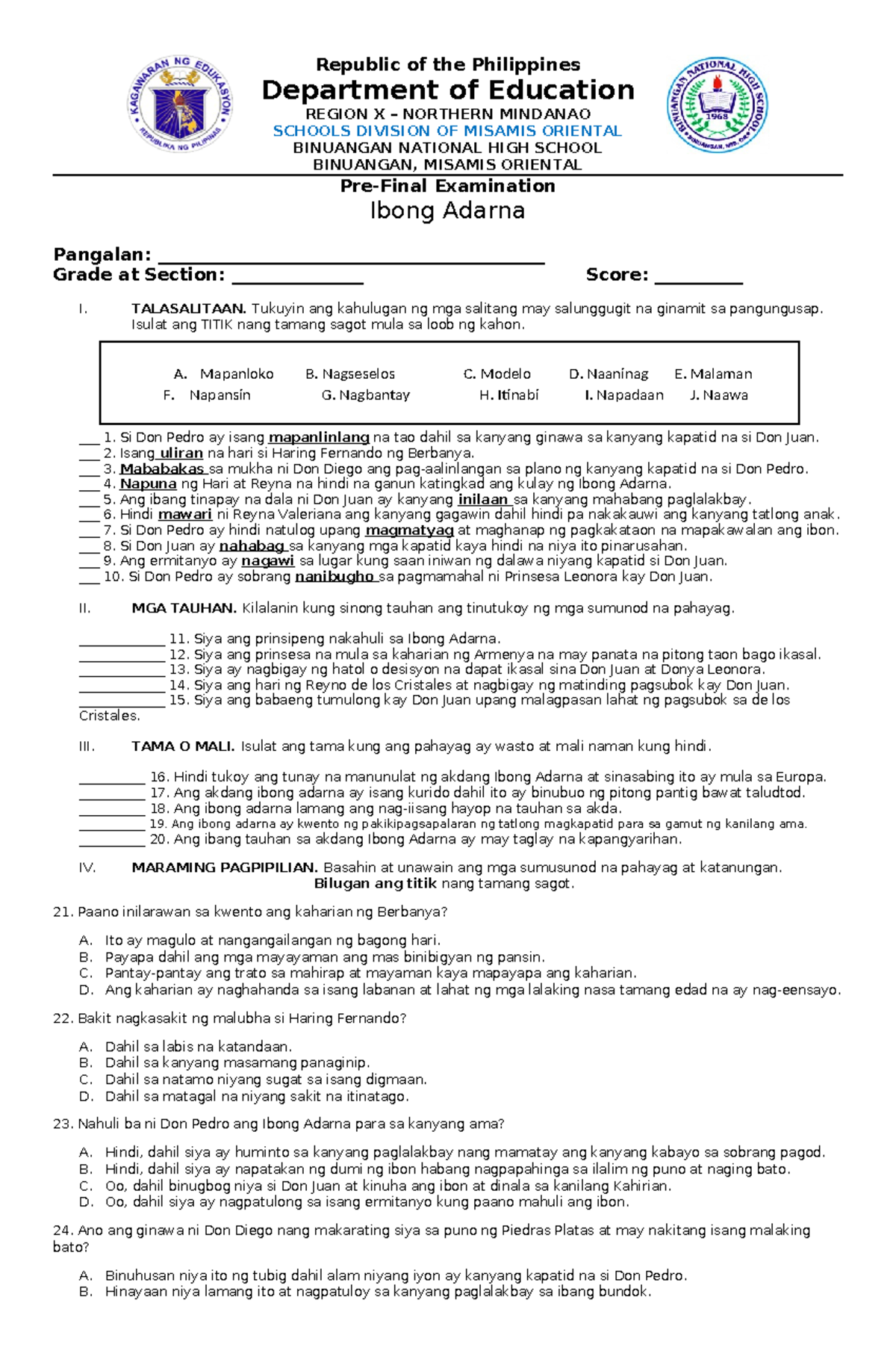538561877 4th Grading Exam: Ibong Adarna Review and Activities - Studocu