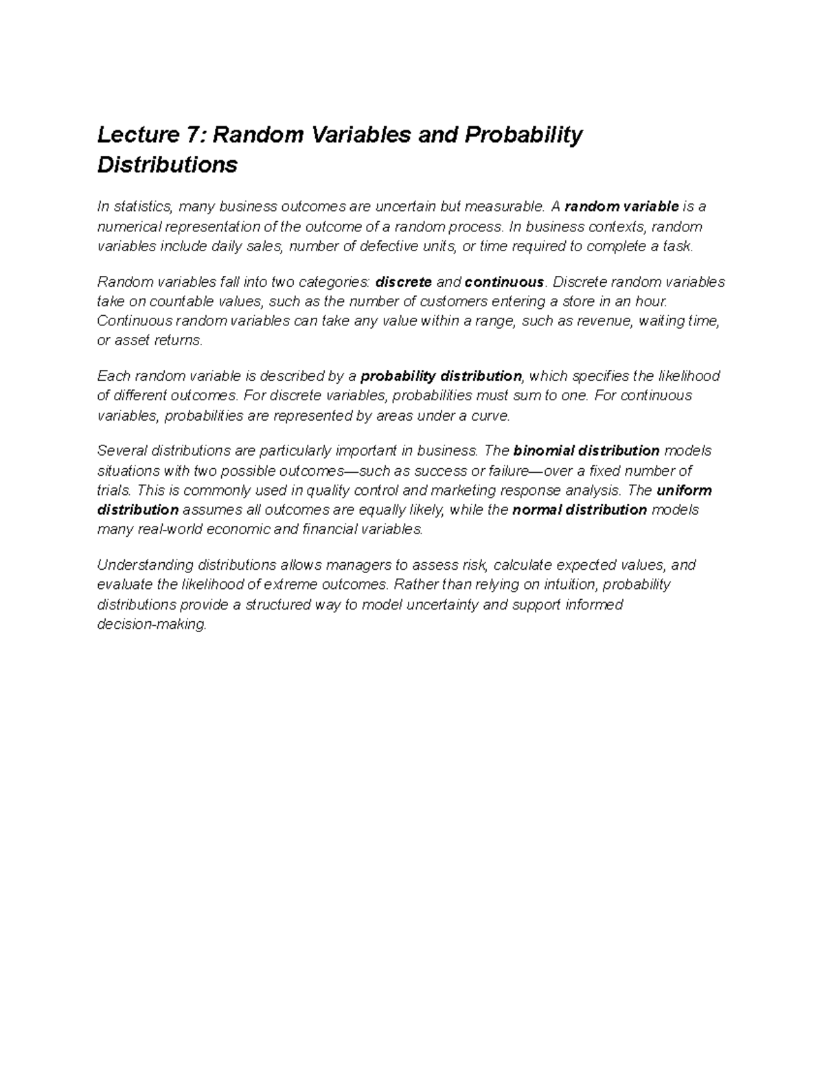 Lecture 7: Random Variables & L Statistics in Business Analysis - Studocu