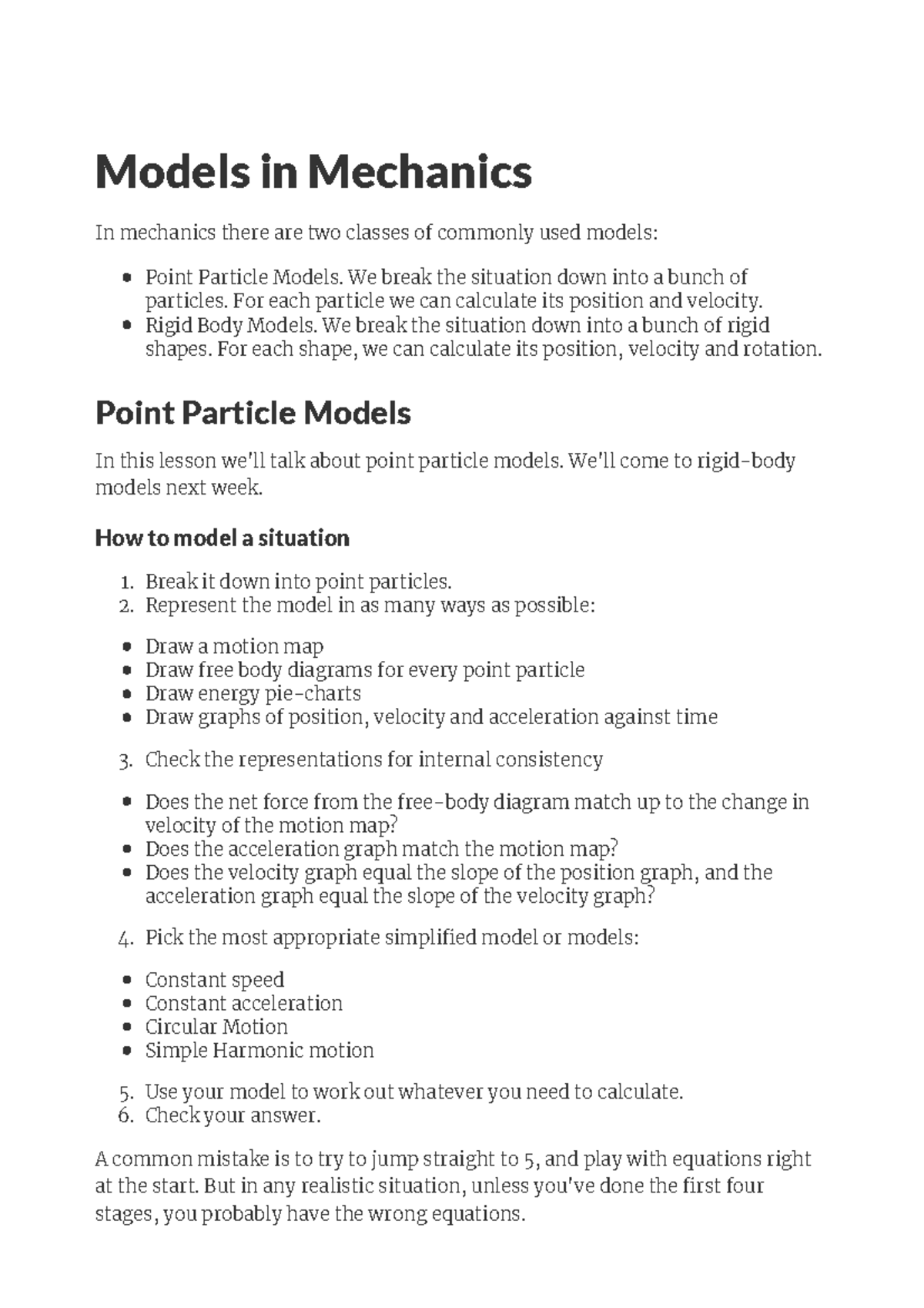 Mechanics Modelling - Models in Mechanics In mechanics there are two ...