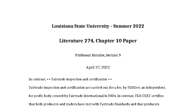 Literature 274: Fairtrade Inspection & Certification Analysis - Studocu
