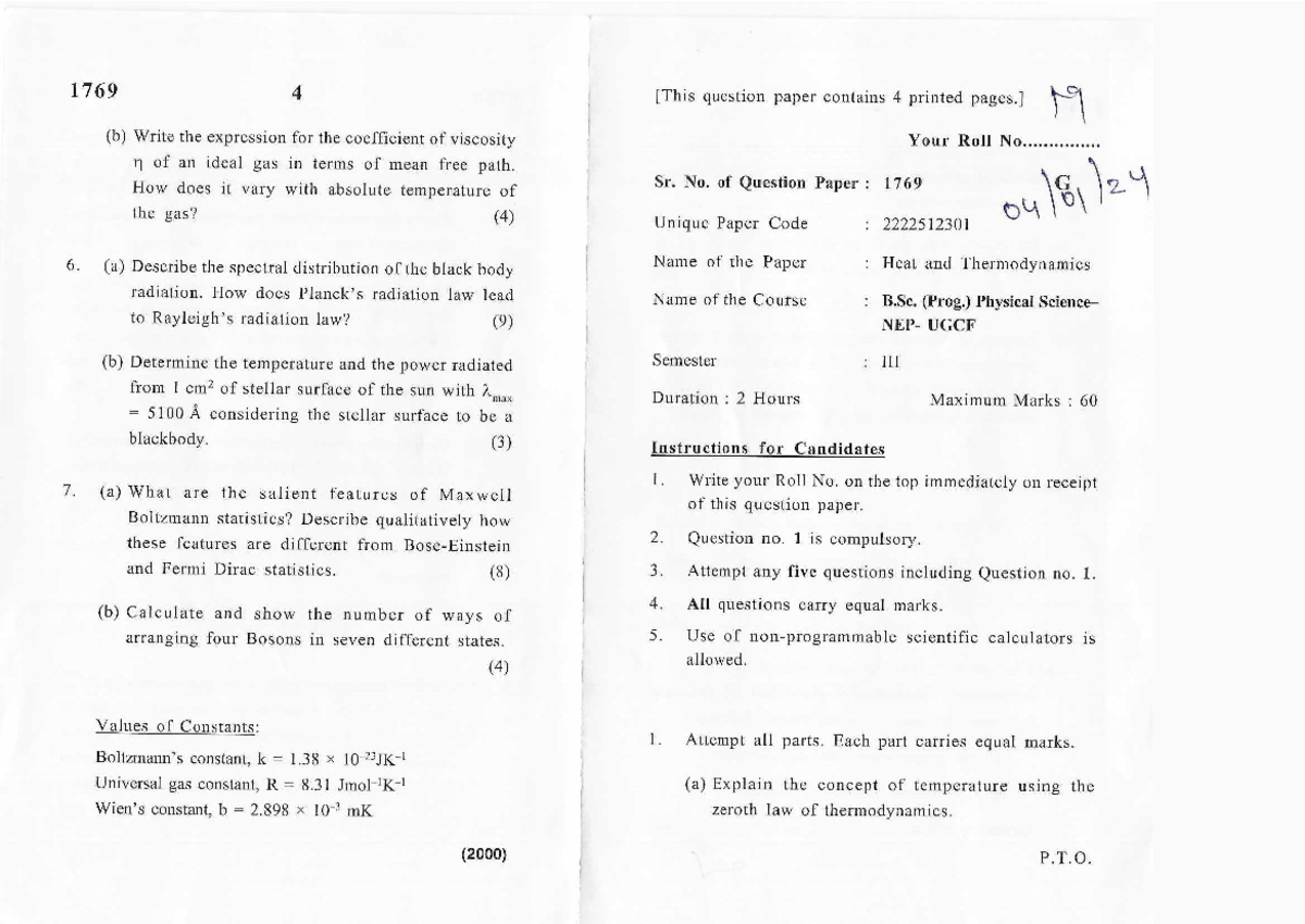 Heat & Thermodynamics III - Question Paper 1769 - Studocu