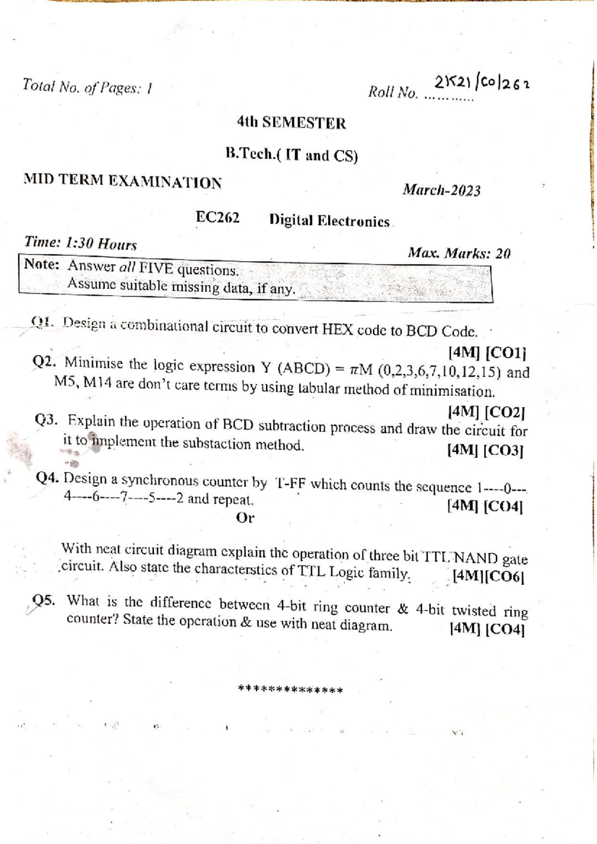 EC262 Midterm Exam: Digital Electronics Questions & Solutions - Studocu