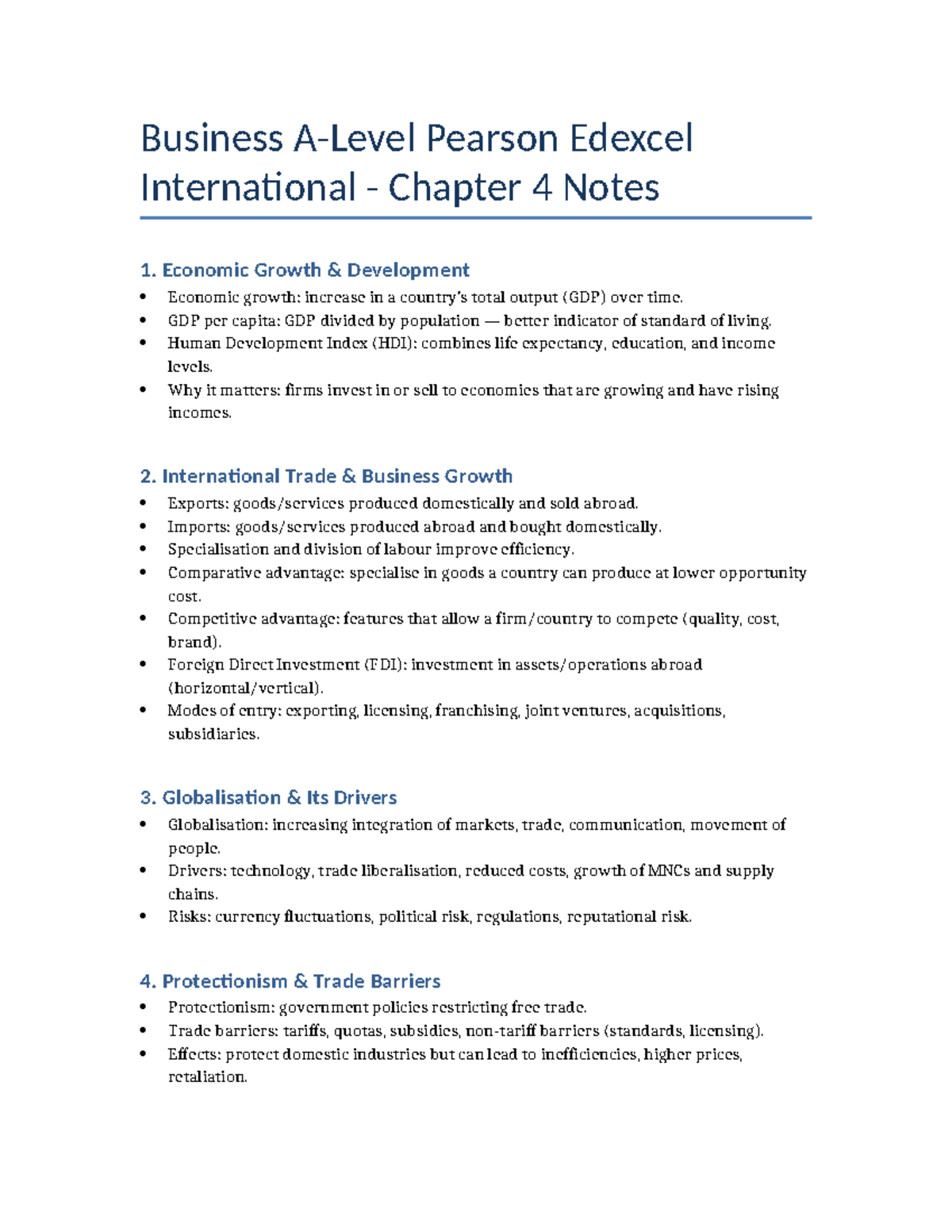 Business A-Level Notes: Chapter 4 - Economic Growth & Trade - Studocu