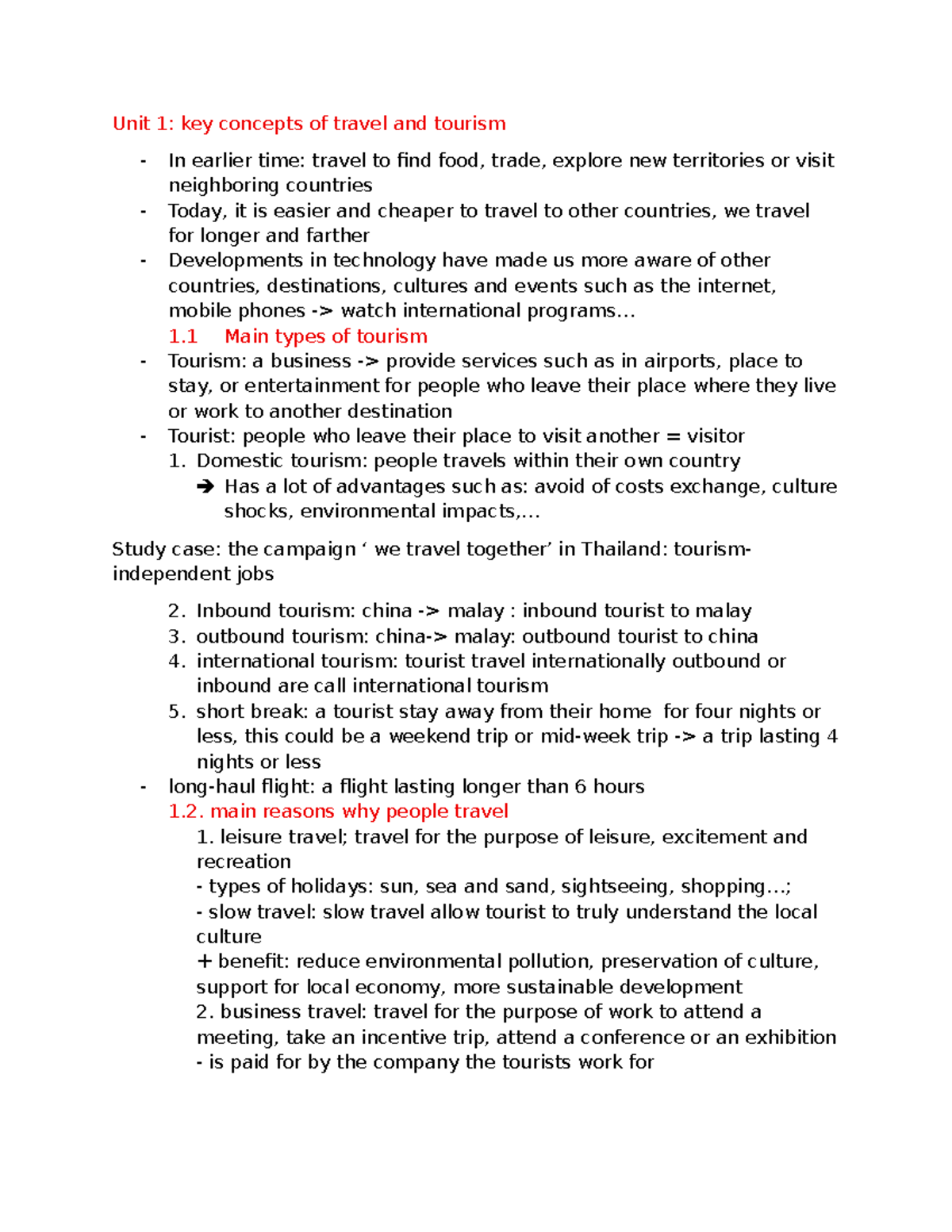 Unit 1: Key Concepts of Travel & Tourism - Overview and Types - Studocu