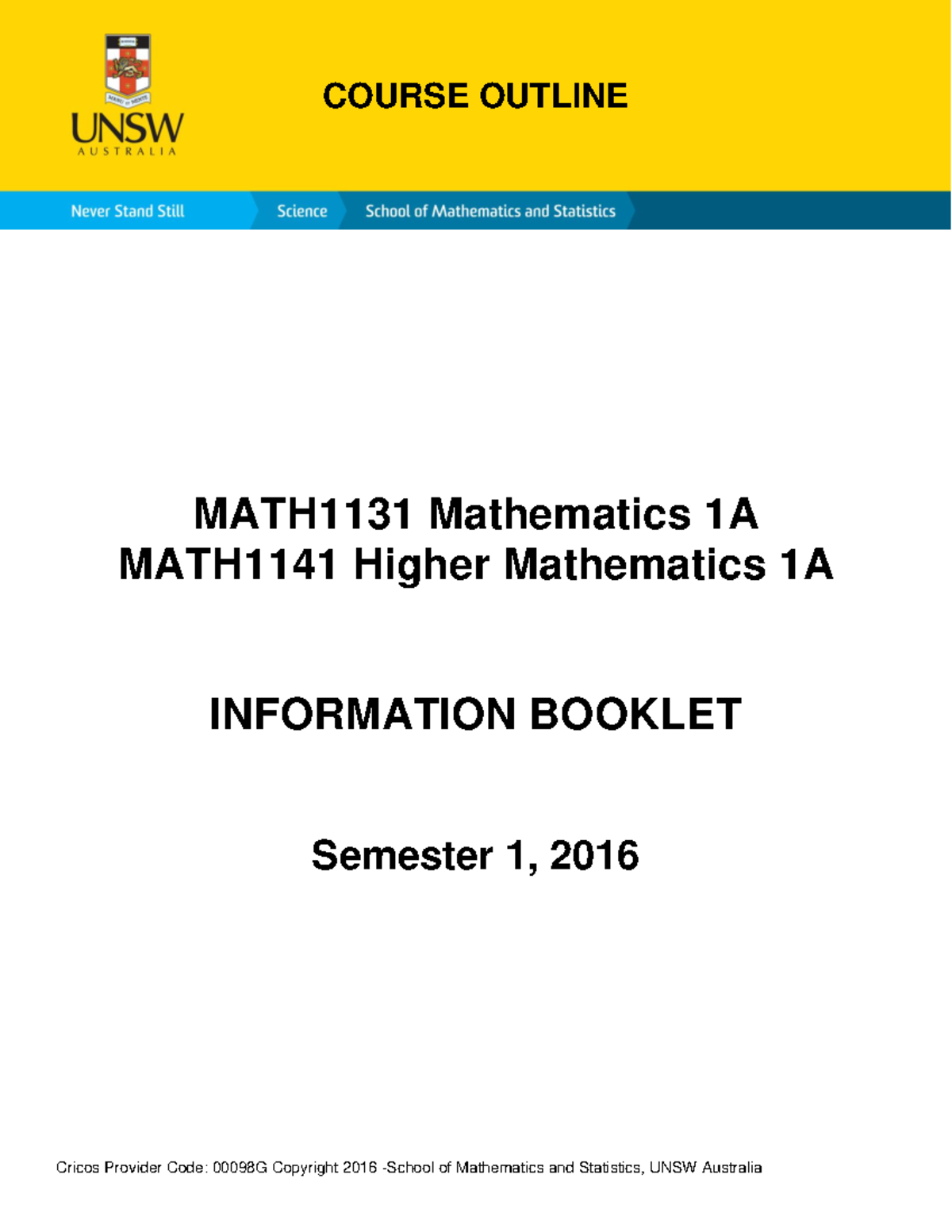 Math1131 - 2016 Handbook & Course Outline for Mathematics 1A - Studocu