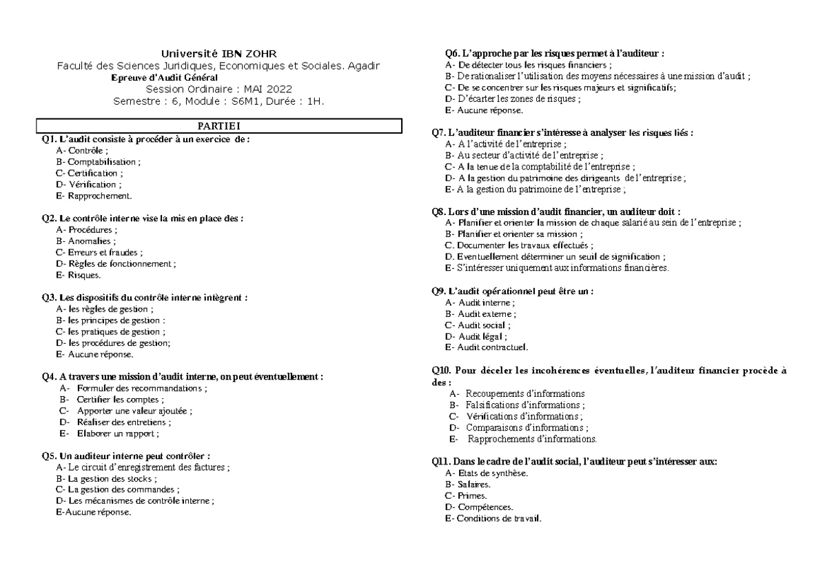 examen Audit général 2022 avec corrigé - UniversitÈ IBN ZOHR FacultÈ ...