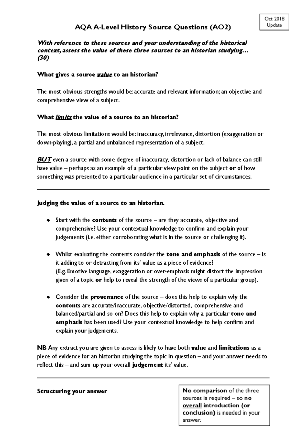 AQA A-Level History Source Q Assessment Guide - Studocu